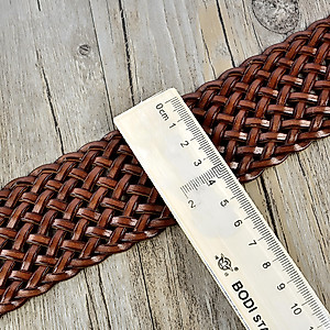 ANNULOYA 2 Inch Wide Leather Braided Belts for Women Hand Made Soft Woven Waistbands with Round Golden Pin Buckle (Brown)