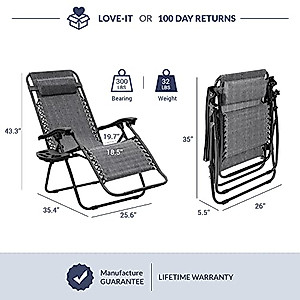 BELLEZE Zero Gravity Chairs Set of 2, Outdoor Adjustable Folding Lawn Chairs Recliner Chairs with Cup Holder Pillow, Lounge Chairs for Patio Camping Garden Beach Pool Side Deck, Gray