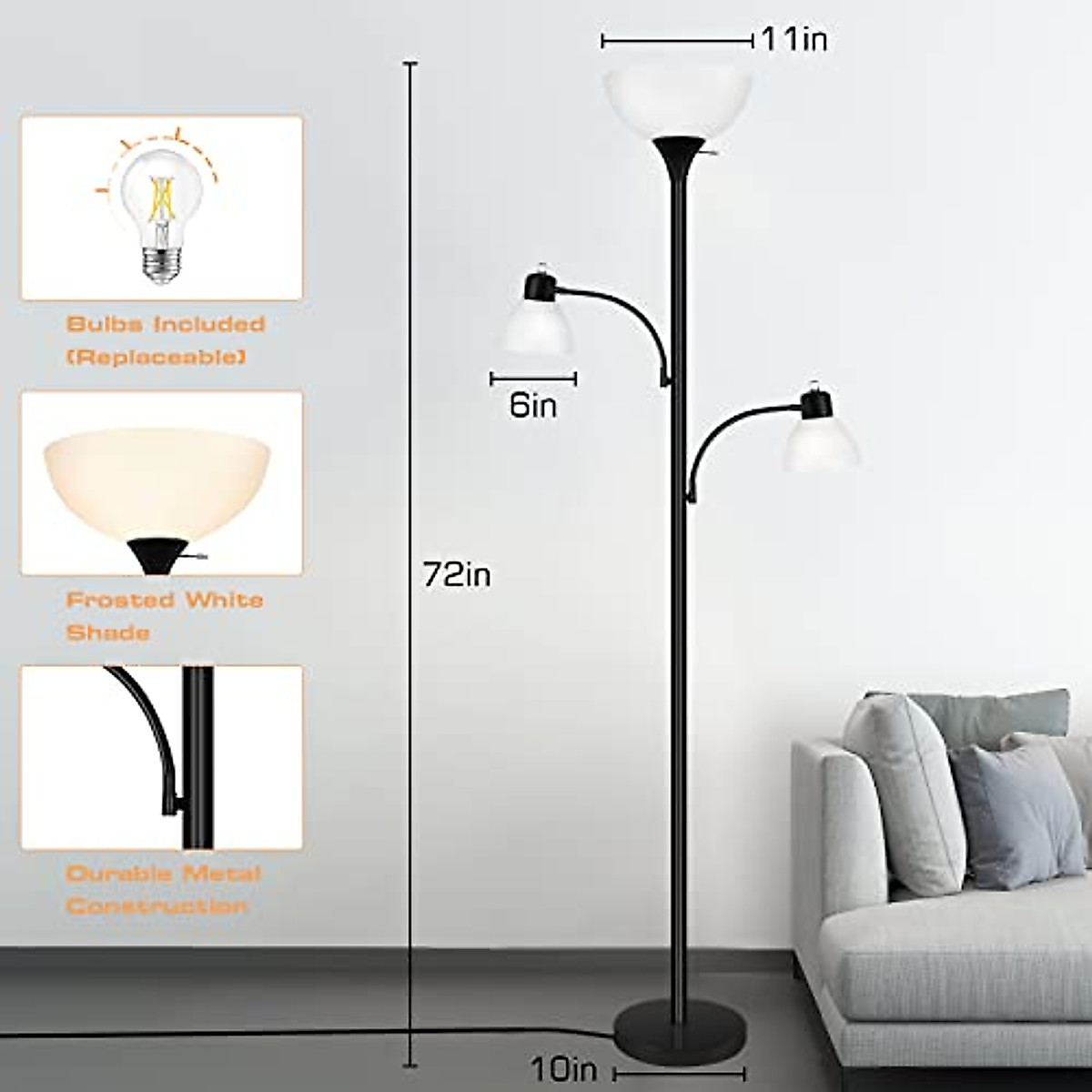 Luvkczc Torchiere Floor Lamp, Floor Lamps for Living Room, Modern Standing Lamp Tall Pole Lamp with Lampshade, Black Finish Bright Corner Light for Bedroom, Office, Reading