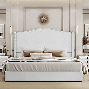 Jocisland Lift Up Storage Bed King Size, Upholstered Platform Bed Frame Tall Headboard with Wingback, Hydraulic Lifting Underneath/Wood Slats Support (White)