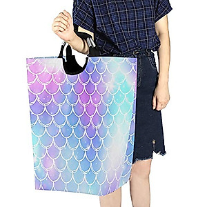 Princess Mermaid Kawaii Rainbow Scales Laundry Hamper Basket Bucket Sea Fish Tale Foldable Dirty Clothes Bag Washing Bin Toy Storage Organizer for College Dorms, Kids Bedroom,Bathroom