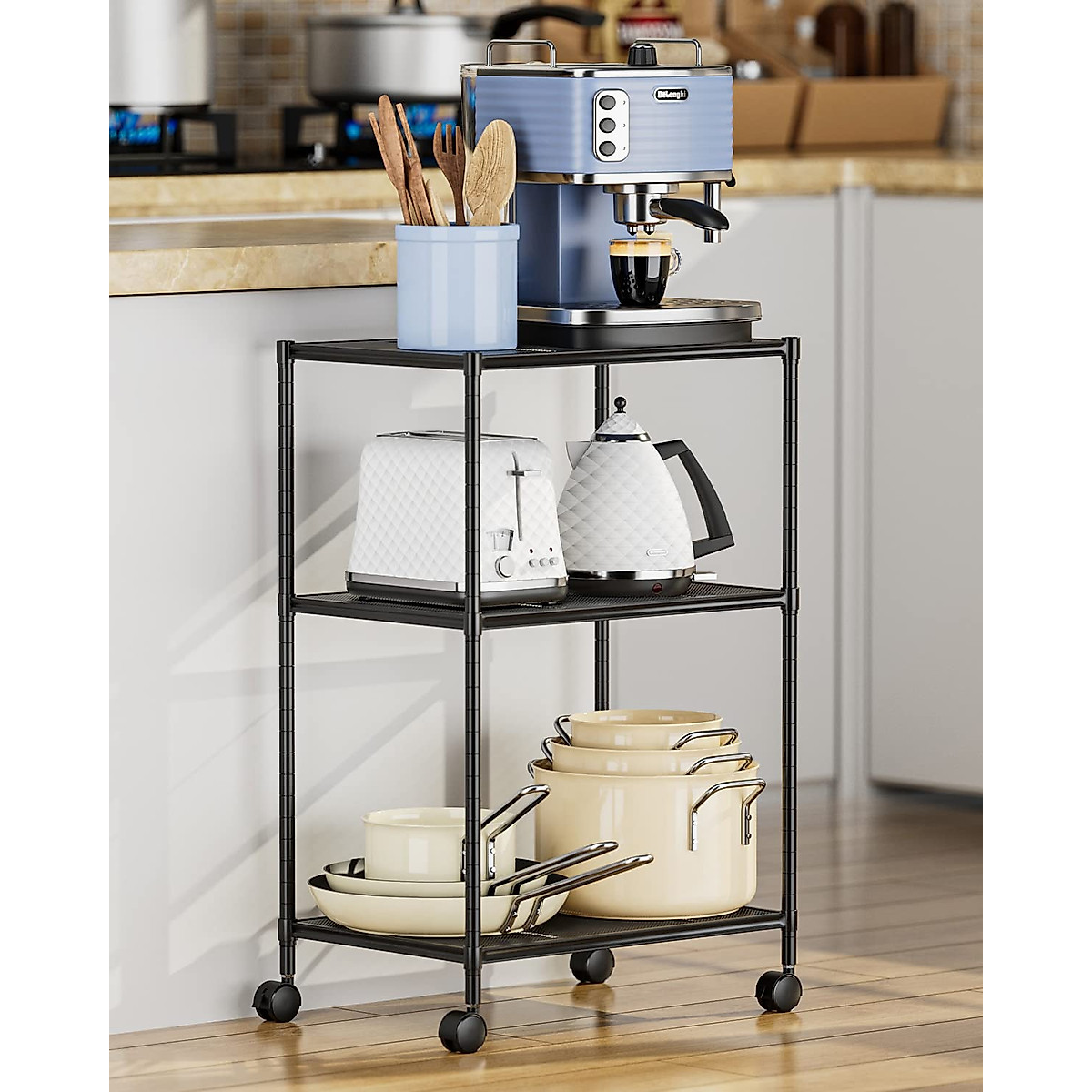 OVICAR 3-Tier Wire Storage Shelves, Adjustable Shelving Units with Wheels, Steel Metal Storage Rack for Kitchen Pantry Closet Bathroom Laundry, Durable Organizer Garage Tool Storage Shelf