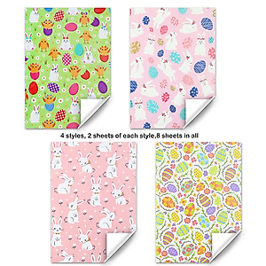 Easter Wrapping Paper,8 Sheets 4 Design Bunny Eggs Chicks Pattern Birthday Gift Wrap,20 x 28inch Cute Wrapping Paper Sheets With Ribbon for Easter Spring Party All Occasion Girls Boys Baby Shower