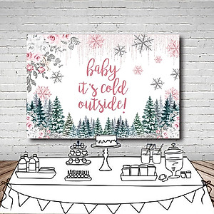 MEHOFOND 7x5ft Winter Baby Shower Backdrop for Girls Baby It's Cold Outside Pink Floral Photography Background Little Snowflake Pine Tree Oh Baby Party Banner Decorations Photo Booth Props