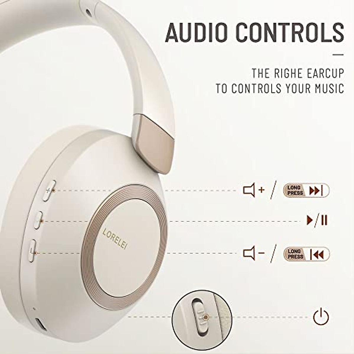 LORELEI B-C6 Wireless Over Ear Headphones, 50H Playtime Foldable Lightweight Bluetooth Headsets, Deep Bass, Built-in Microphone, Memory Foam Earmuff, for Travel, Home Office (Beige White)