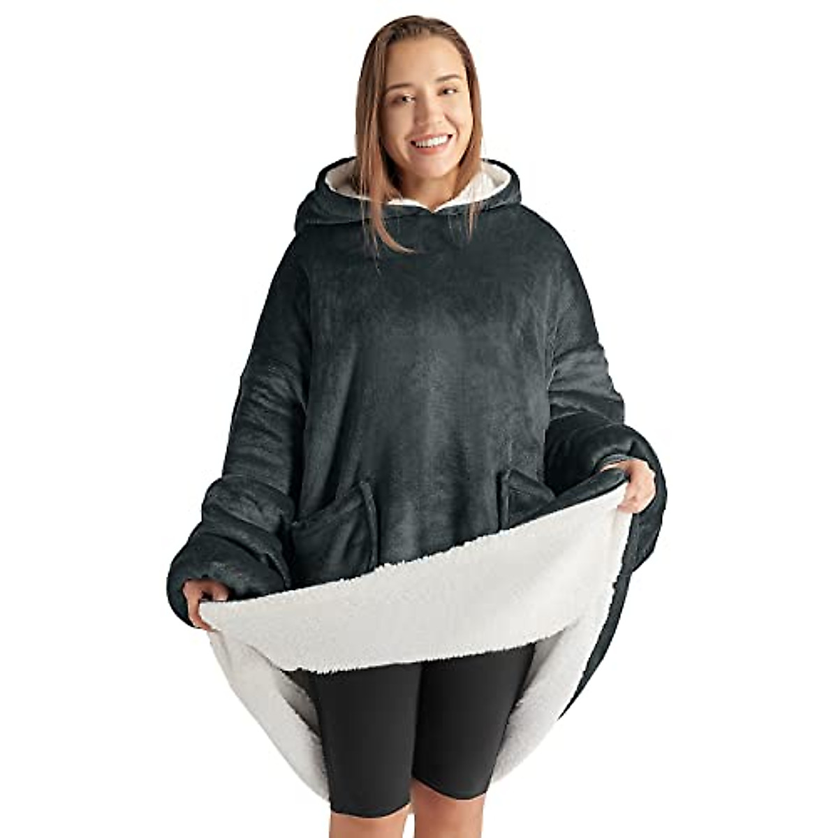 CozyLux Wearable Blanket Hoodie Gifts for Women, Oversized Warm Sherpa Flannel Sweatshirt Blanket with Hood and Pockets, One Size Fits All Presents for Women, Grey