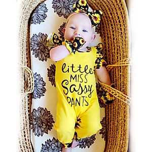 HINTINA Preemie Premature Baby Girl Sunflower Floral Romper Little Miss Sassy Pants Jumpsuit Outfits Spring Summer Clothes Set Yellow