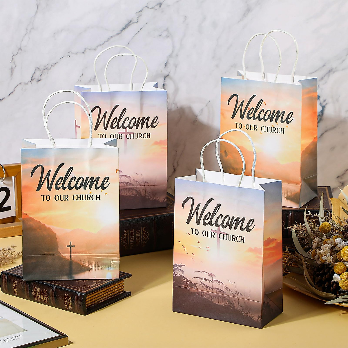 Chuangdi 50 Pcs Church Welcome Bags 5.91 x 3.15 x 8.27 Inches Religious Gift Bags Welcome to Our Church Paper Bags with Handles for Hotel Birthday Bulk Baptism Guest Party Favor Supplies (Landscape)