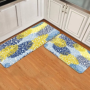 Kitchen Rug Set 2 Pieces Green Spring Floral Blue Yellow and Navy Chrysanthemum Flowers Comfort Mat Cushioned Floor Mats Washable Doormat Anti Fatigue Non-Slip Kitchen Runner Rugs Bedroom Area Carpet