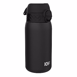 Ion8 Kids Water Bottle, Steel 400 ml/13 oz, Leak Proof, Easy to Open, Secure Lock, Dishwasher Safe, Hygienic Flip Cover, Carry Handle, Easy Clean, Durable, Scratch Resistant, Carbon Neutral, Black