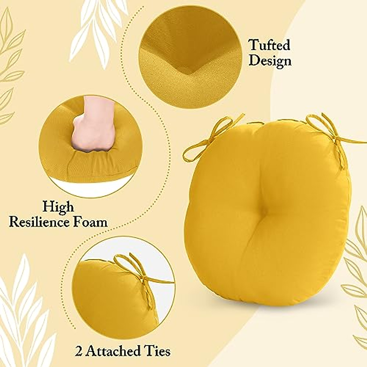 LOVTEX Bistro Chair Cushions Set of 2, Outdoor Round Chair Cushions 15 Inch, Waterproof Round Outdoor Cushions with Ties, Yellow Outdoor Chair Cushions for Patio Furniture