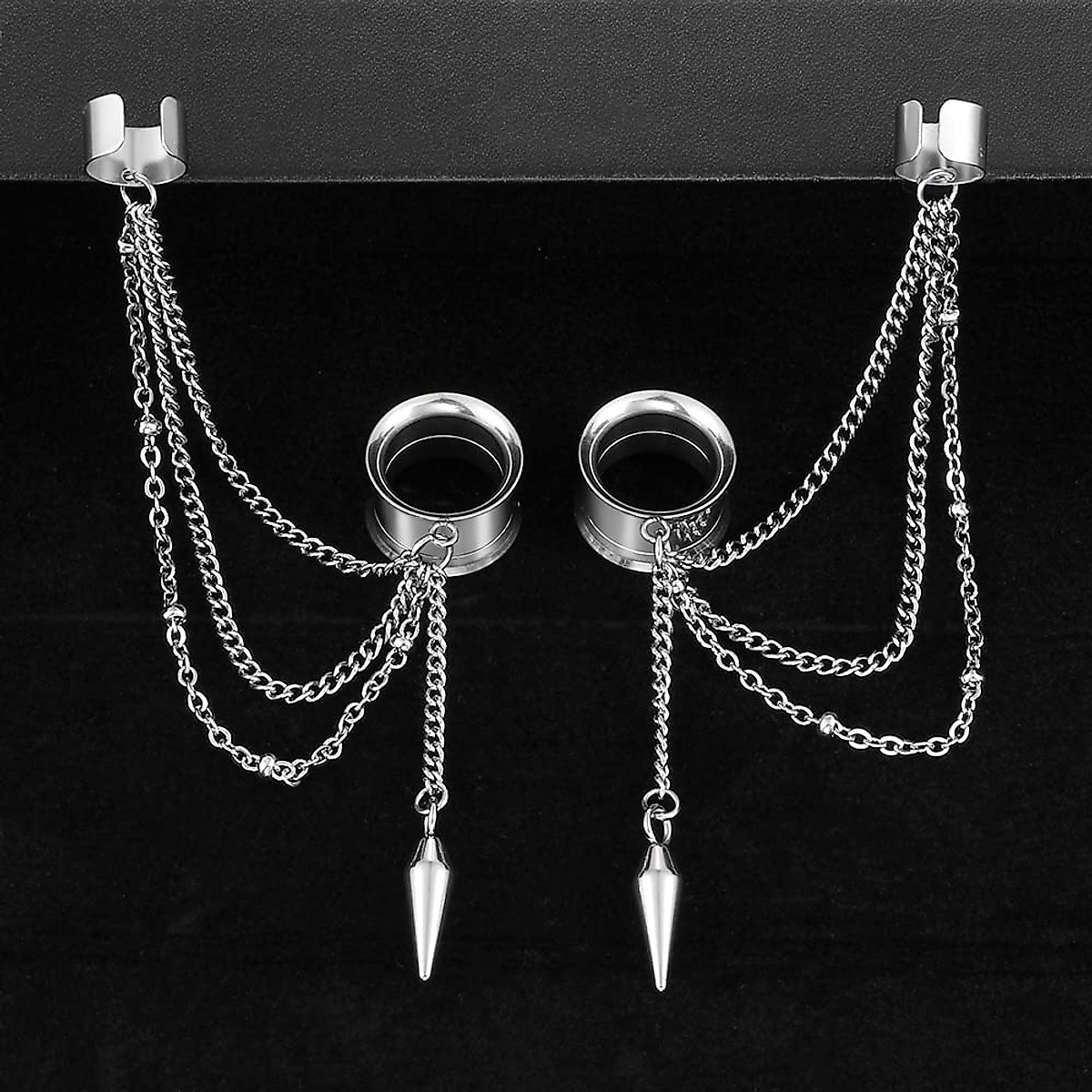 LADEMAYH 2PCS Ear Cuff Chains Plugs Tunnels Gauges Earrings Stainless Steel Non-Piercing Adjustable Cartilage Clip On Wrap Classy Tassel Dangle Taper Body Jewelry Silver 10mm=00g