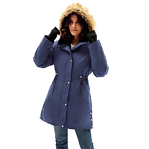 GRACE KARIN Women’s Winter Warm Thickened Outerwear Zip-up Coat Faux Fur Hood Parkas Navy L
