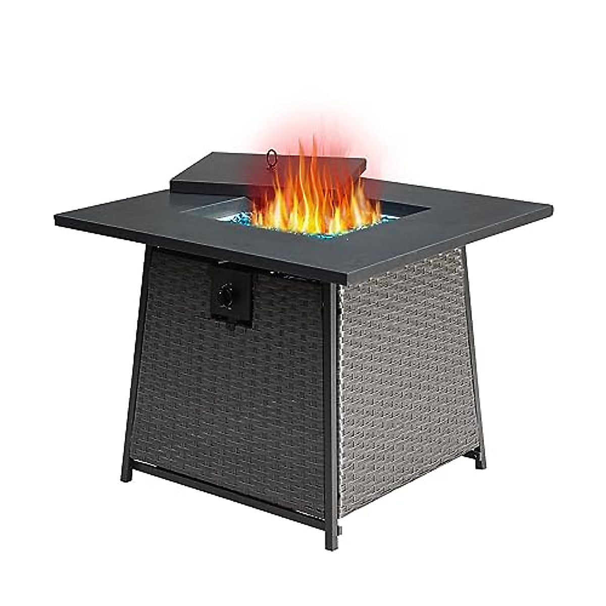 Domi Gas FirePit Table, 28 Inch 50,000 BTU Outdoor Wicker Patio Propane Firepit w/Blue Glass Rocks, Hideaway Tank Holder, ETL Certification, Cover Lid, Wood Look Tabletop (Square)