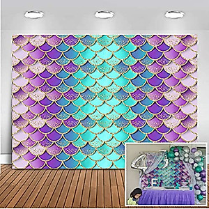 Avezano Mermaid Birthday Backdrop 5x3ft Glitter Mermaid Scales Backdrops Kids Birthday Party Decor Girls Princess Baby Shower Photo Background Purple Aqua Green Shell Backdrop