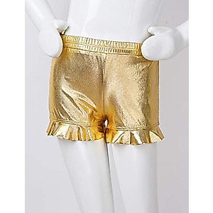 Venjoe Kids Girls Shiny Metallic Ruffled Shorts Gymnastics Bottoms Jazz Cheer Dance Performance Hot Pants Gold 12 Years