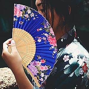 RAZZUM 2 Pcs Floral Folding Hand Fan Chinese Vintage Retro Silk Handheld Fans with Frames for Wedding Dancing Church Party Gifts Blue Fan