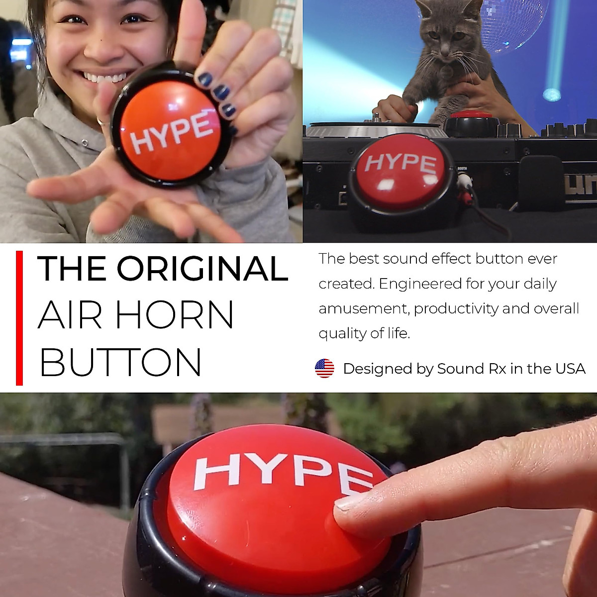 Hype Button | Hip Hop Air Horn Sound Effect Button (Batteries Included) Stocking Stuffer Back to School Classroom Teacher Office Desk Sales Marketing Gag Nut Funny Toy Class