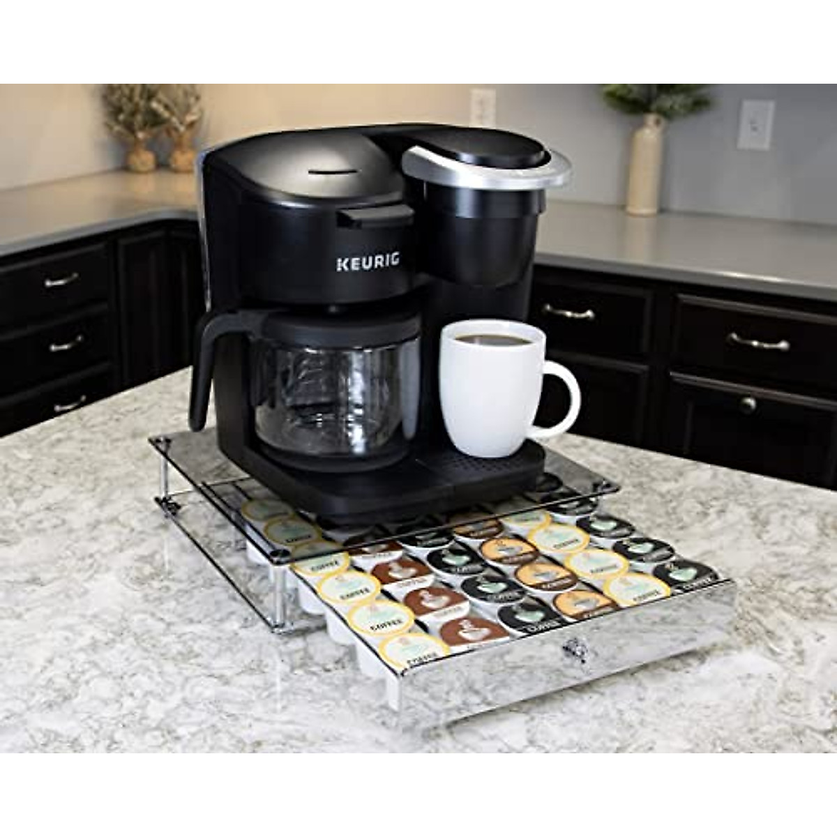 Nifty Rolling Coffee Pod Drawer - Glass Top & Chrome Finish, Compatible with K-Cups, 36 Pod Pack Holder, Compact Under Coffee Pot Storage Drawer, Slim Home Kitchen Counter Organizer