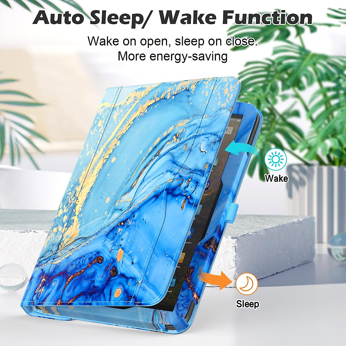 ZoneFoker Case for All New Kindle Fire HD 10 Tablet & Fire HD 10 Plus (11th/13th Generation, 2021/2023 Released), 360 Degree Rotating Stand Cover with Auto Sleep/Wake & Pencil Holder, Marble Blue