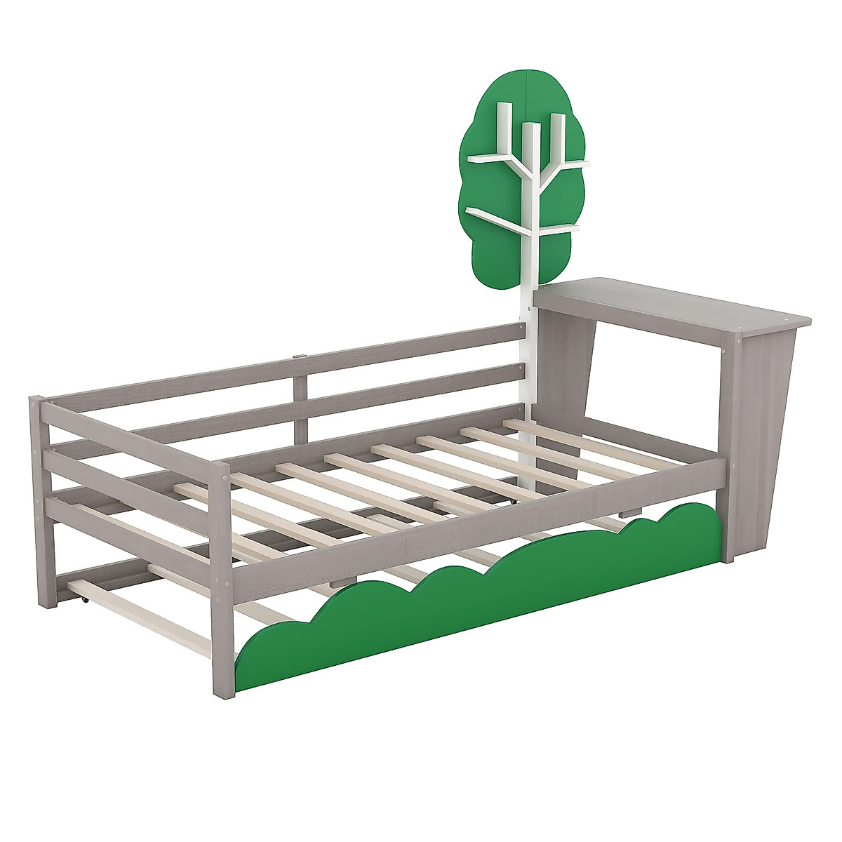 Lifeand Twin Size Wooden Daybed with Desk, Green Tree Shape Shelves and Trundle, Gray