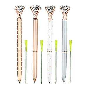 SINKSONS 4 Pcs Rose Gold Pen with Big Diamond/Crystal,Metal Ballpoint Pen,Rose Gold White and Silver,School and Office Supplies,Black Ink