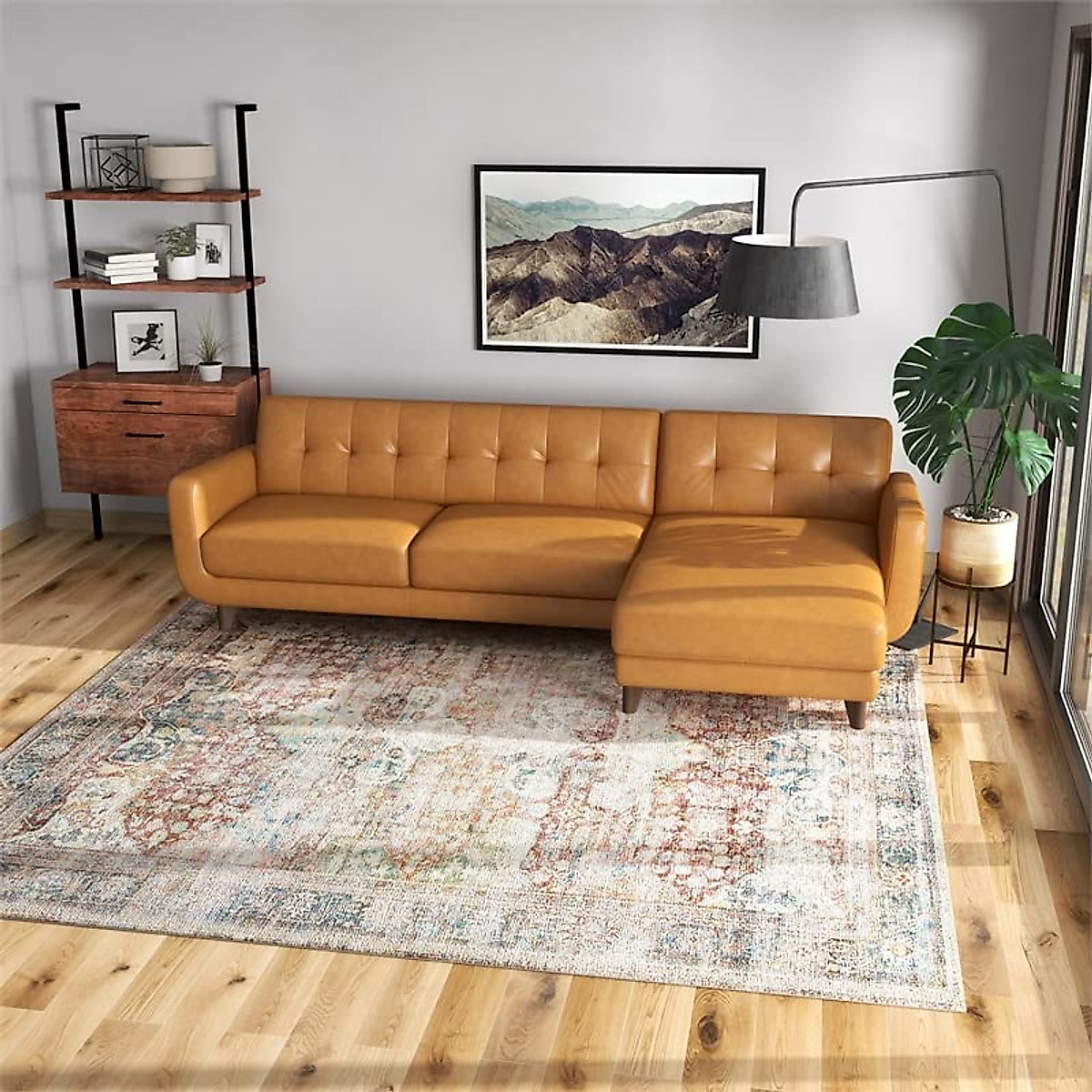 ASHCROFT Elva Mid Century L-Shaped Genuine Leather Right Facing Chaise Sectional, Light Brown Tufted Tight Back Sectional Sofa for Living Room Waiting Area Office Apartment Dorm Home, Tan