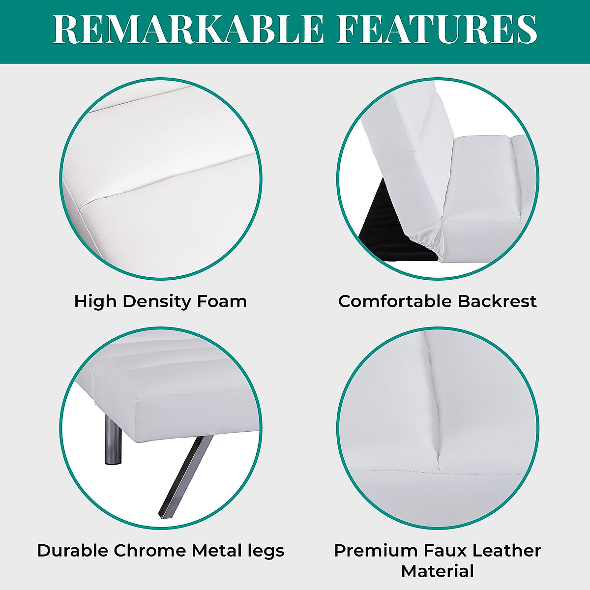 Naomi Home Faux Leather Futon Couch, Modern Convertible Folding Sofa Bed Couch Futon Sofa Bed with Chrome Legs, Reclining Mini Couch, Leather Futon Small Couch for Bedroom Living Room White