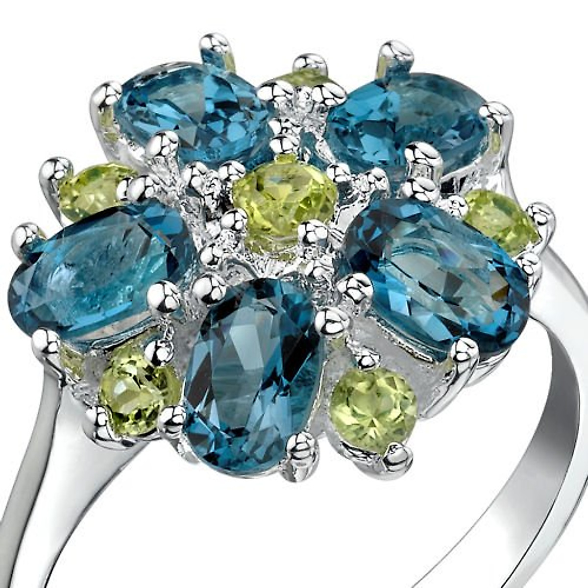 PEORA London Blue Topaz and Peridot Flower Ring for Women 925 Sterling Silver, Natural Gemstones, 3.25 Carats total, Size 9