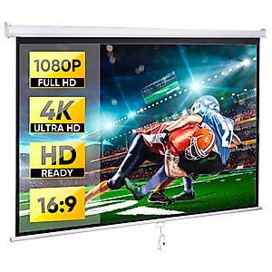 Smartxchoices 80" 16:9 HD Manual Projector Screen with Auto Lock Anti-Crease Home Theater Office Wall Mounted Ceiling Pull Down Projection 1.1 Gain Matte White,View Size: 72 x 40 inches