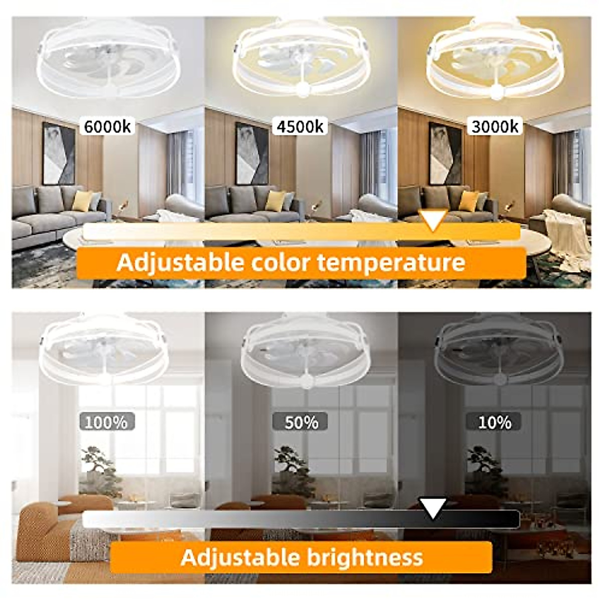 YeetFerret Flush Mount Ceiling Fan with Lights 20 Inch Bladeless Low Profile Ceiling Fan with Bluetooth Speaker Remote APP Control 3 Colors 6 Speeds Reversible (White)
