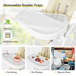 BABY JOY High Chair for Babies & Toddlers, Quick Folding Baby Highchair w/ 2 Lockable Wheels, Large Storage Basket, Removable Double Trays, Detachable PU, Adjustable Height,Backrest & Footrest (Gray)