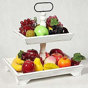 Dugunusu Farmhouse Two Tiered Tray Stand, Rectangle Rustic Wood Two Tiered Tray, Wooden Cake Stand Kitchen Tiered Tray, Decor Serving Tray for Home Farmhouse Décor (White)