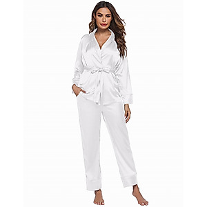 Ekouaer Womens Satin Silky Pajamas Set Long Sleeve Lounge Set V Neck Sleepwear 2 Piece Silk PJS Set