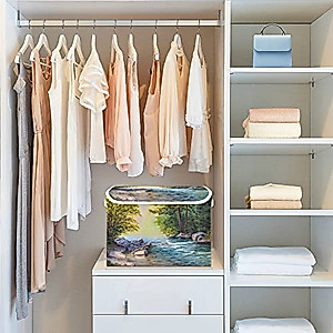 KEEPREAL Summer Forest Oil Painting Storage Basket Bin with lid, Large Cube Storage Box Collapsible Storage Organizer for Home Office Closet - 16.5 L x 12.6 W x 11.8 H