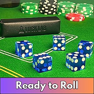 Luck Lab Grade AAA 19mm Casino Dice with Razor Edges and Matching Serial Numbers Set of 5 and Leather Dice Case, Blue