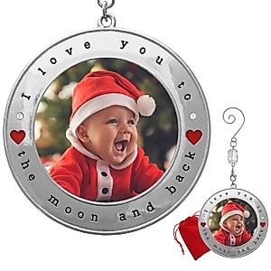 Baby's First Christmas Photo Ornament - I Love You to The Moon and Back - Gift/Storage Bag Included