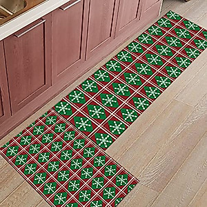 Miaklek Christmas Snowflakes Kitchen Mats for Floor Anti Fatigue Mats for Kitchen Floor Kitchen Rugs Cushioned Mats Non Slip Comfort Standing Kitchen Rugs Set of 2, Red and Green Rhombus Lattice