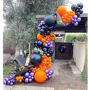 Wecepar 158pcs Halloween Balloon Garland Arch Kit Black Orange Purple Green Balloon with Skeleton Guard Cat Pumpkin Witch Hat Shaped Foil Balloons for Halloween Theme Party Supplies Decorations