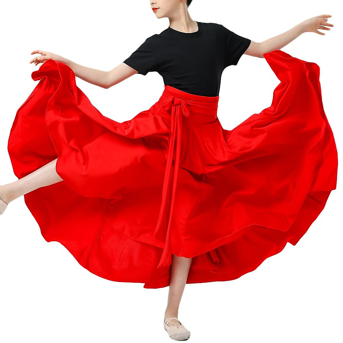 Girls Full Circle Skirt for Spanish Flamenco Dance Gypsy Mexico Performance Dancewear Red