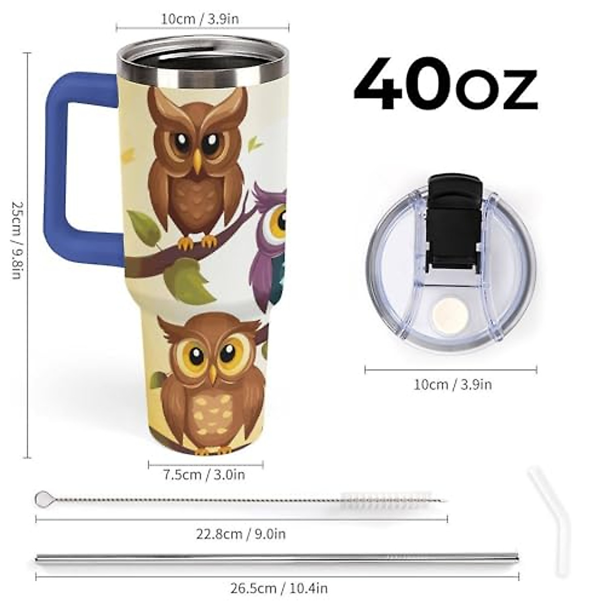 LLUTSNTH 40 Oz Vacuum Tumbler with Deep Blue Handle Leakproof Insulated Tumbler Owls Birds Stainless Steel Travel Mug with Lid And Straw Coffee Cup Cute Water Bottles Cup Holder Friendly