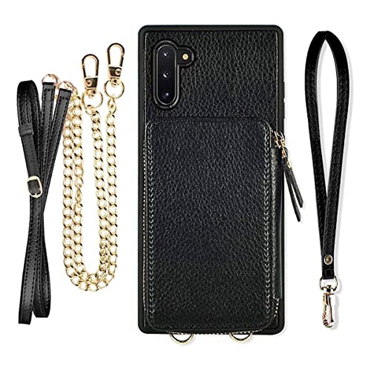Samsung Galaxy S10+ Case, ZVE Galaxy S10 Plus Wallet Case with Credit Card Holder Slot Crossbody Chain Handbag Purse Zipper Case Cover for Samsung Galaxy S10 Plus (2019), 6.4 inch - Black