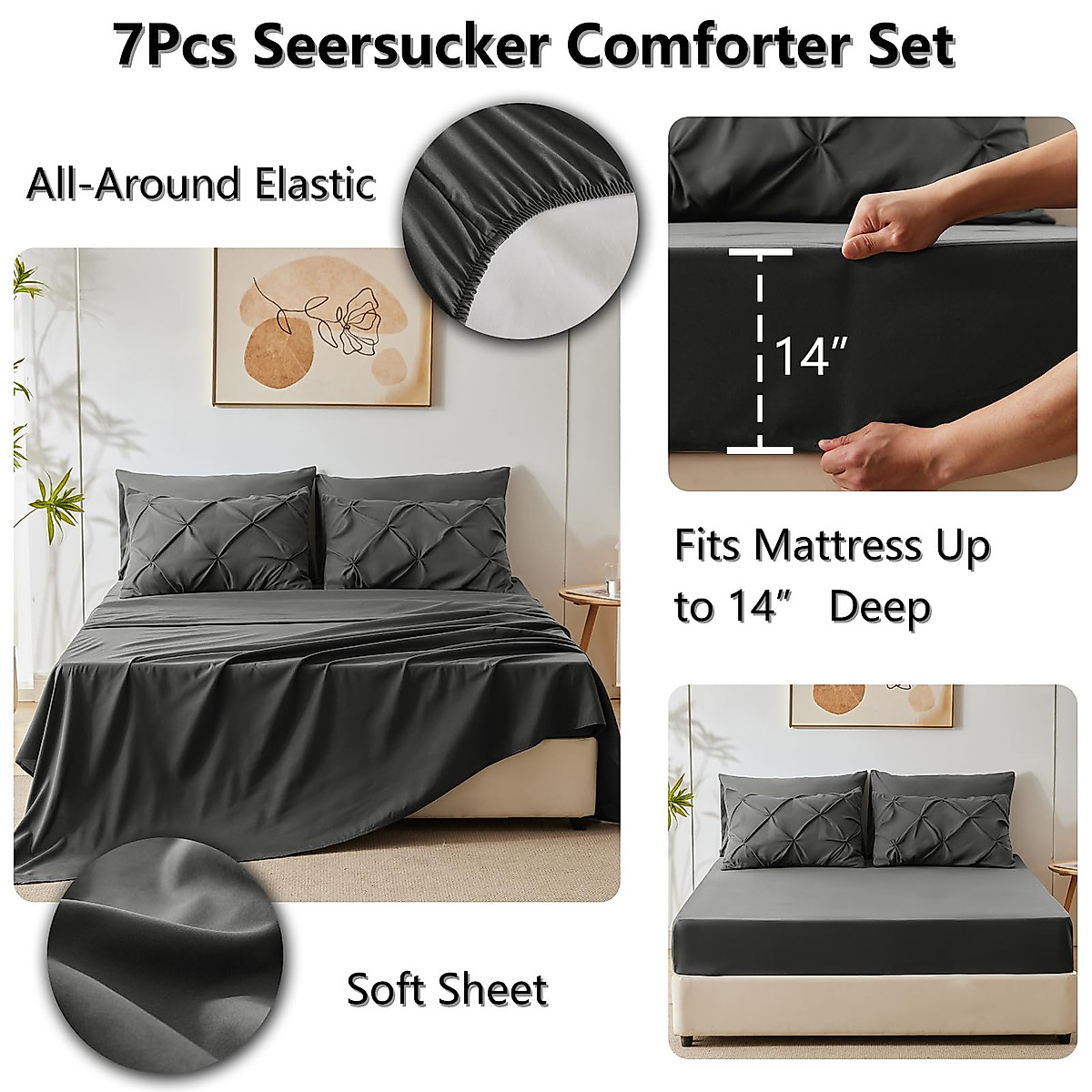 CozyLux Queen Comforter Set - 7 Pieces Comforters Queen Size Dark Grey, Pintuck Bed in A Bag Gray Pinch Pleat Bedding Sets with All Season Comforter, Flat Sheet, Fitted Sheet and Pillowcases & Shams