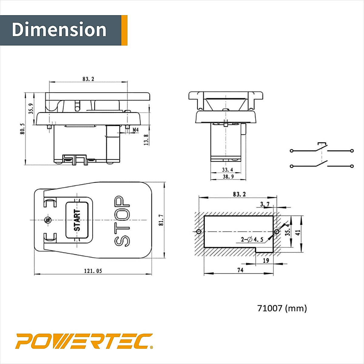 POWERTEC 120V/230V Dual Voltage Paddle Switch, 3 HP at 230 Volts, UL Certified. Large Knee Paddle for Power Tools Fast Power Off. Fits Table Saw, Router Table, Drill Press, Bench Saw, Band Saw (71007)