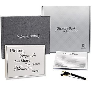 Funeral Guest Book for Memorial Service - Grey Linen Celebration of Life Hardcover with Memory Cards, Table Display Sign, and a Premium Black Pen - Complete Set