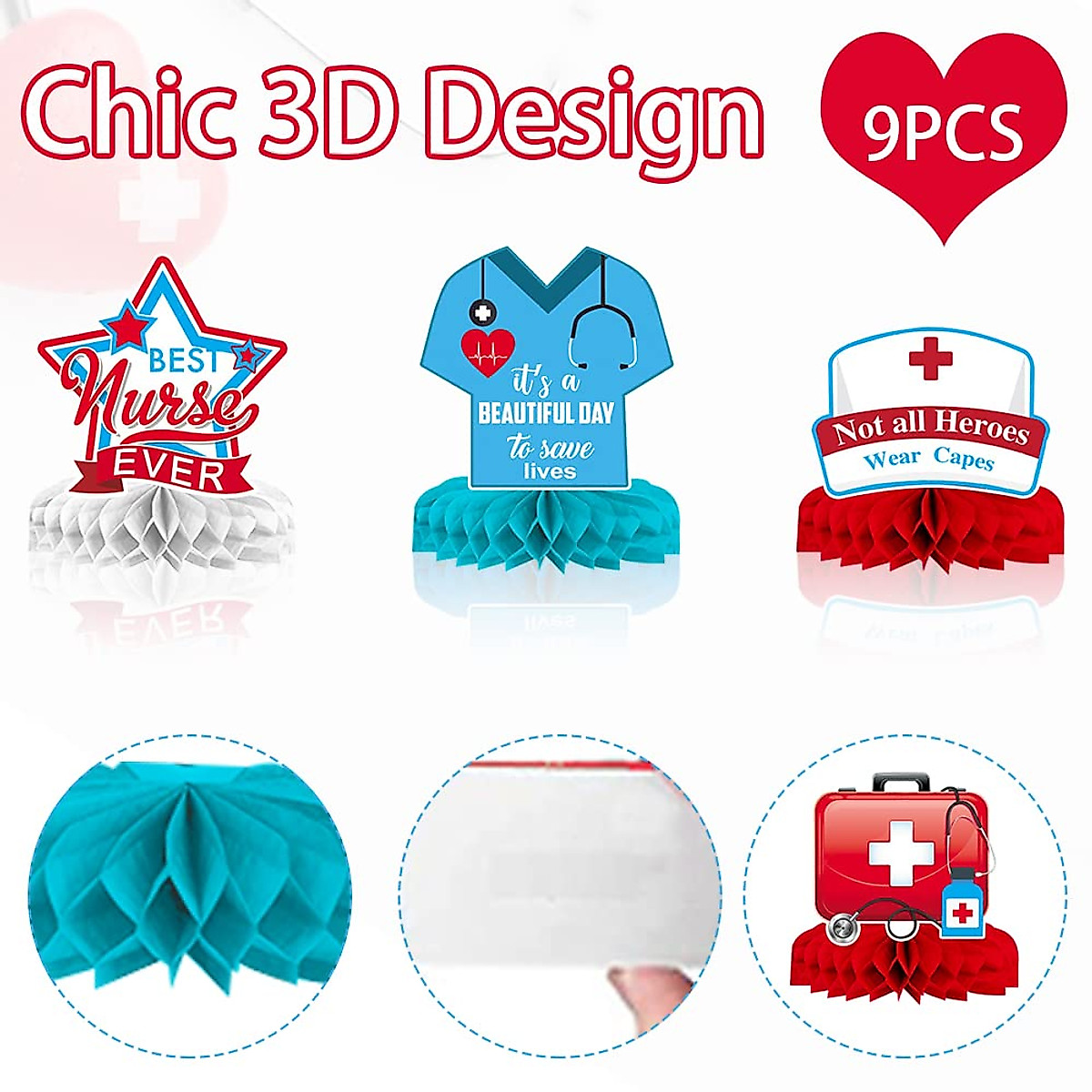 Estivaux 9 PCS Nurse Honeycomb Centerpieces Nurses Appreciation Week Honeycomb Table Centerpiece Nurse Day Table Toppers for Nurses Graduation Party Decorations 2024 Grad Party Favor Supplies