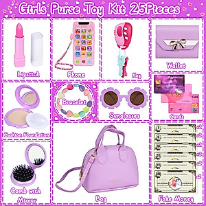 Learn2M Purple Play Purse for Little Girls Ages 3-6, My First Purse Toy with Handbag, Makeup Set, Sunglasses, Smartphone, Wallet, Car Keys, Credit Cards and Fake Money