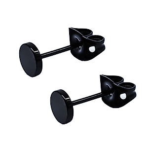 FACOKO Titanium Flat Earrings, Hypoallergenic Stud Earrings for Sensitive Ears, Women Men Round Disc Earrings, 6mm Black Surgical Steel Earrings Stud(6mm, Black)