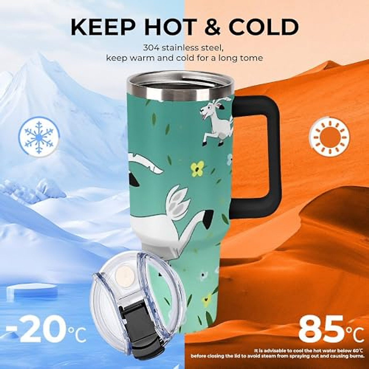 DWVSFJM Goat Frolic Insulated Tumbler 40 Oz Stainless Steel Double Wall Vacuum Travel Mug Large Capacity Car Cup Reusable Coffee Cup with Handle And Straw Lid Gifts Black