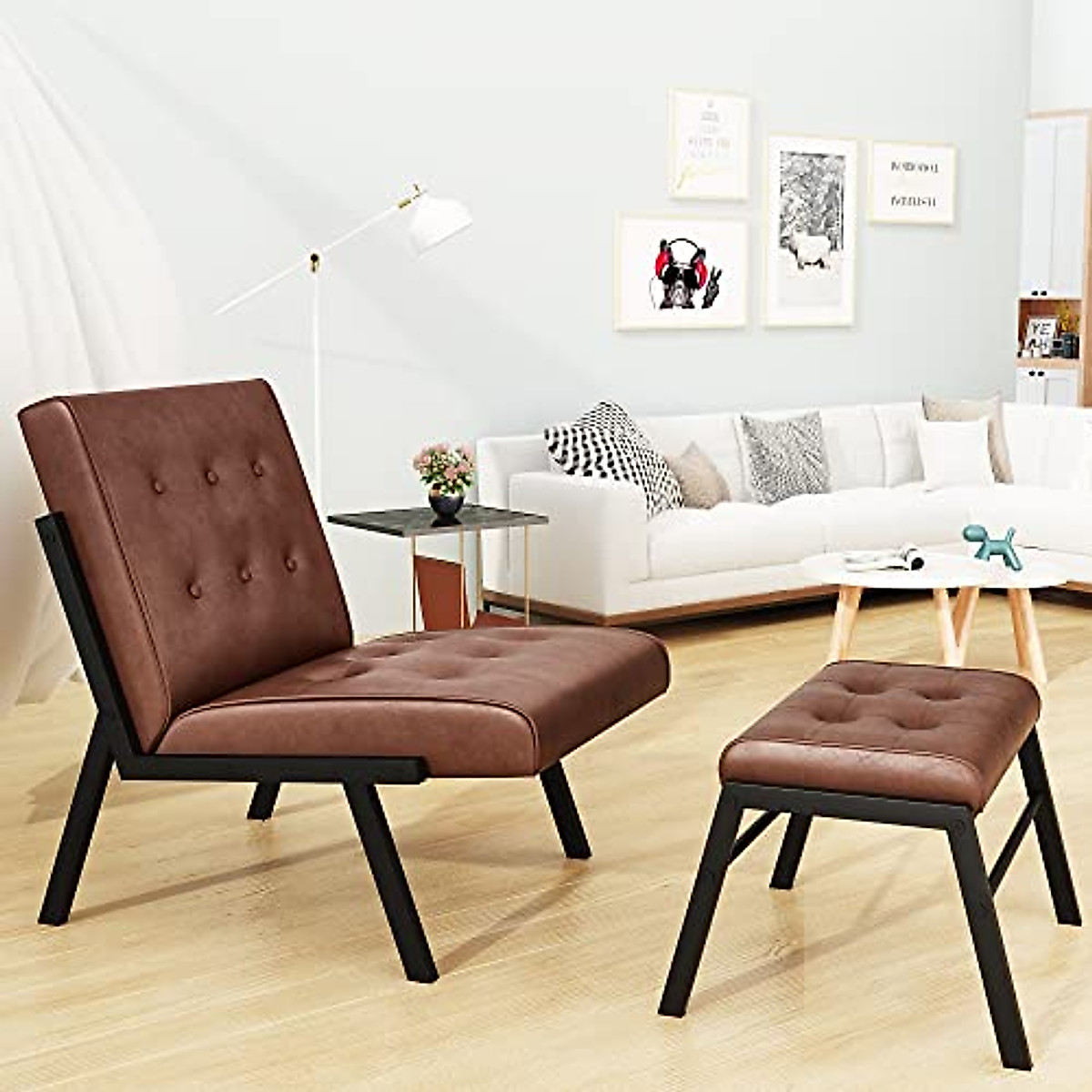 AWQM Accent Chair with Ottoman,Faux Leather Living Room Chair,Upholstered Single Sofa Chair Set with Metal Legs, Button Tufted Lounge Chair with Footrest, Reading Chair for Bedroom Office,Brown